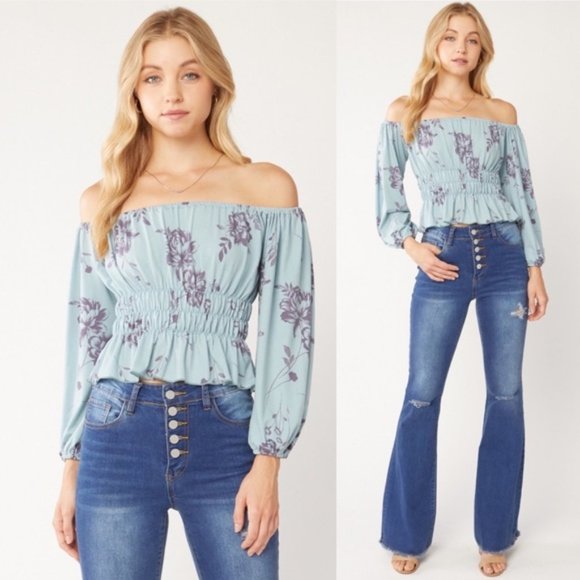 entro | Tops | Entro Moonflower Sage Off The Shoulder Crop Top Lagoon ...